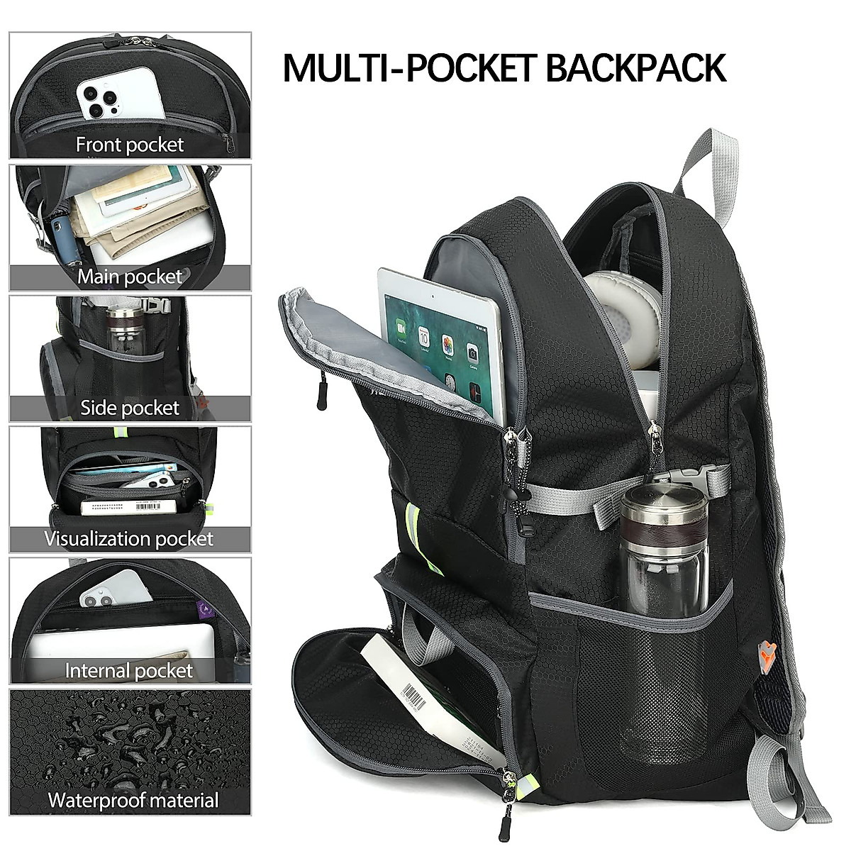 WEREWOLVES 35L Ultralight Hiking Backpack, Lightweight Foldable Water Resistant Outdoor Sports Travel Daypack for Women Men (black, 35L)