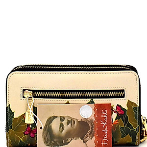 Authentic Licensed Frida Kahlo Picture PU Leather Double Zipper Wristlet Wallet (Baby Frida Cartoon Theme - Beige/Black)