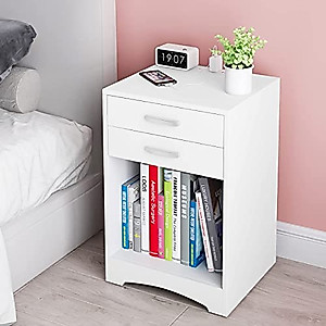 HOSEOKA White Nightstand with Charging Station 2 Drawer Bedroom Nightstand Wood Sofa Side Table End Table with USB Ports and Storage, Small Kids Nightstand