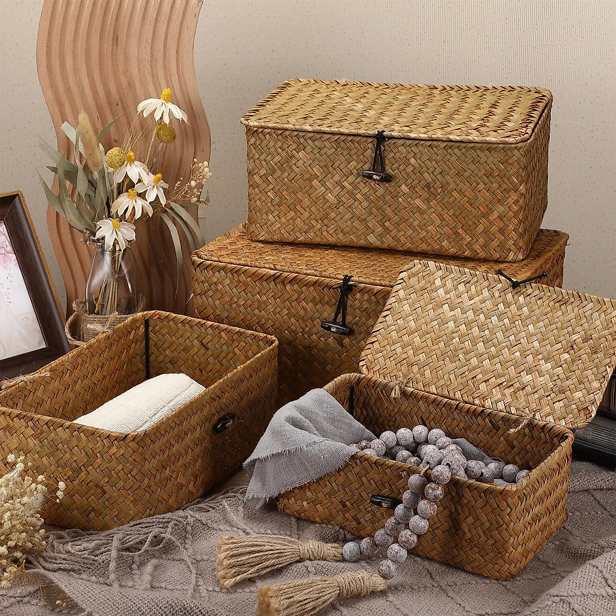 Woanger Set of 4 Wicker Storage Baskets Organizer，Handwoven Storage Bins with Lid for Organizing, Home Utility Box for Home Office Supplies Multipurpose Container(Orange)