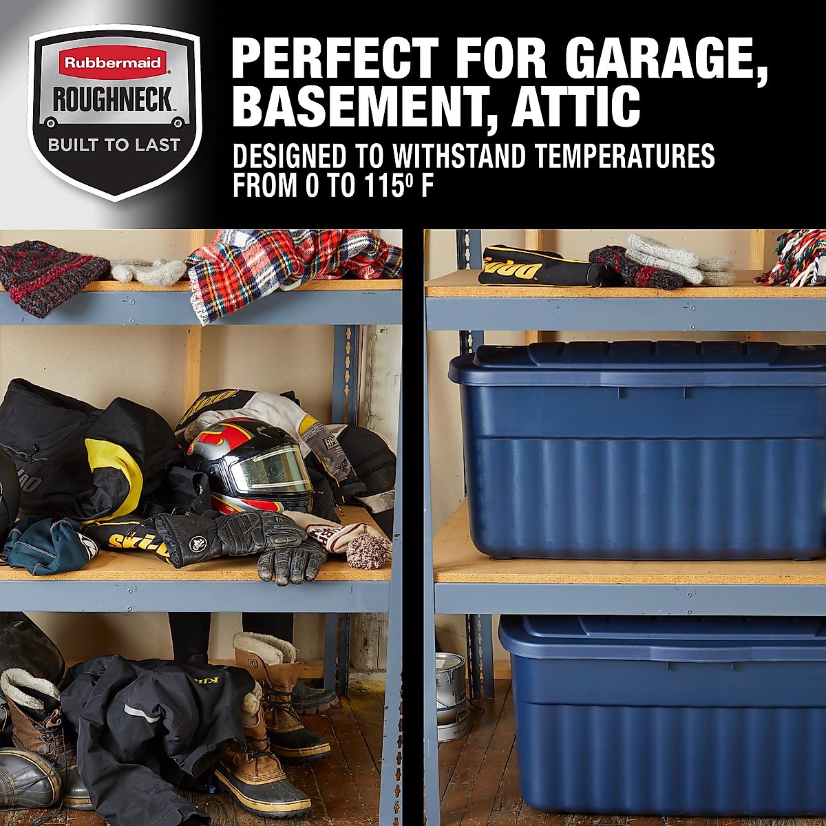 Rubbermaid Roughneck️ 40 Gallon Storage Totes, Pack of 2, Durable Stackable Storage Containers with Hinged Lids, Nestable Plastic Storage Bins for Tools or Moving Boxes, Dark Indigo Metallic