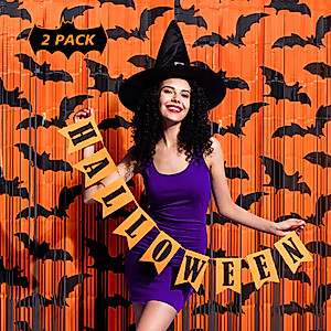Mega-L Halloween Party Decorations, 2 Packs Black Bat Pattern Orange Background Photo Booth Props, 3.3 x 6.6 ft Halloween Foil Fringe Curtains, Halloween Photo Backdrop Streamers Party Supplies