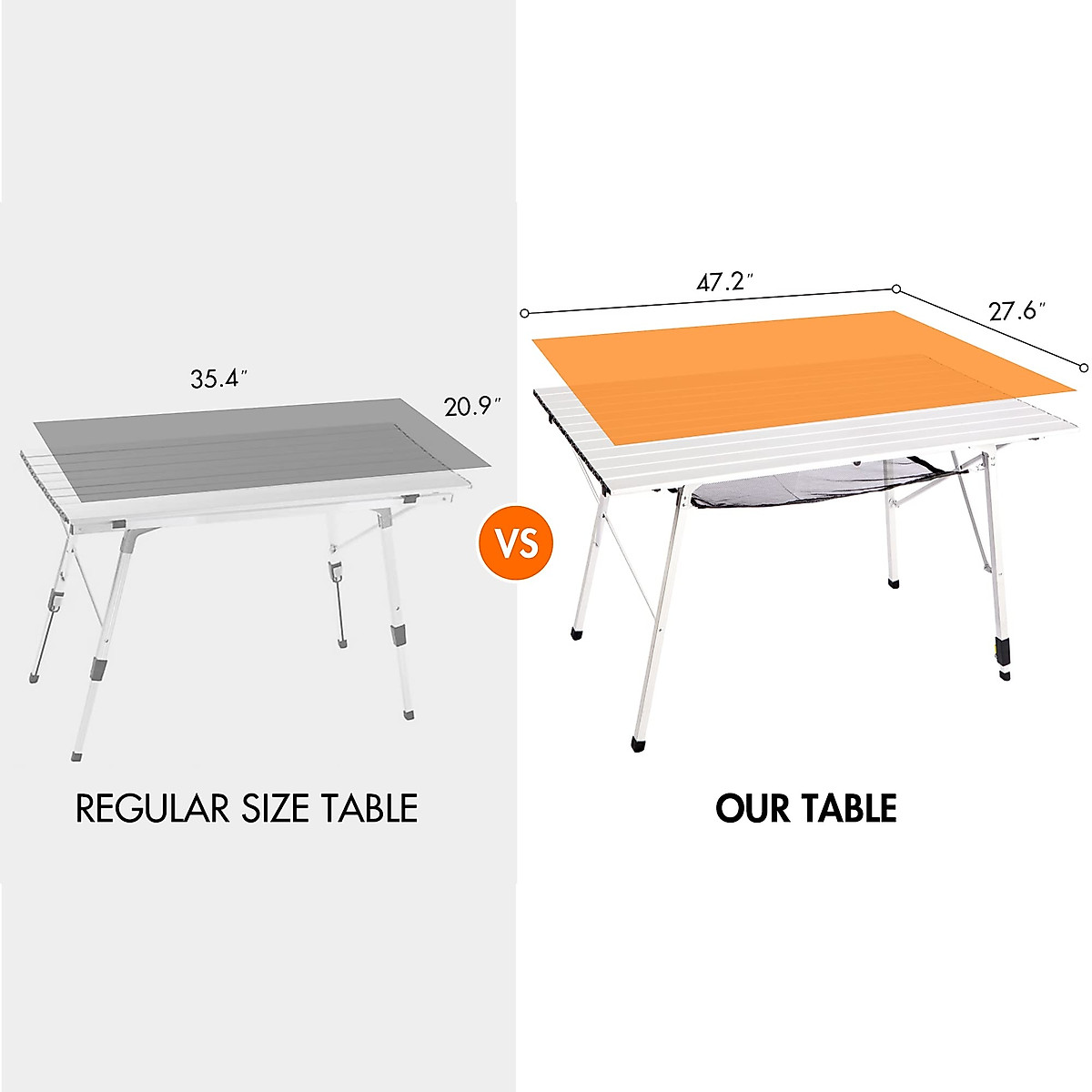 PORTAL Portable Camping Table Aluminum Folding Camp Table Roll Up Table with 1 Adjustable Leg, Mesh Layer and Carry Bag for Outdoor, Picnic, Grill, Kitchen, Silver, Large Space (47.2 x 27.6 inch)