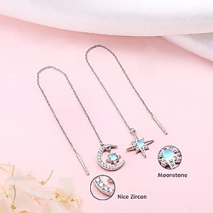 Threader Earrings for Women 925 Sterling Silver Moonstone Moon Star Earrings Tassel Threader Chain Earrings
