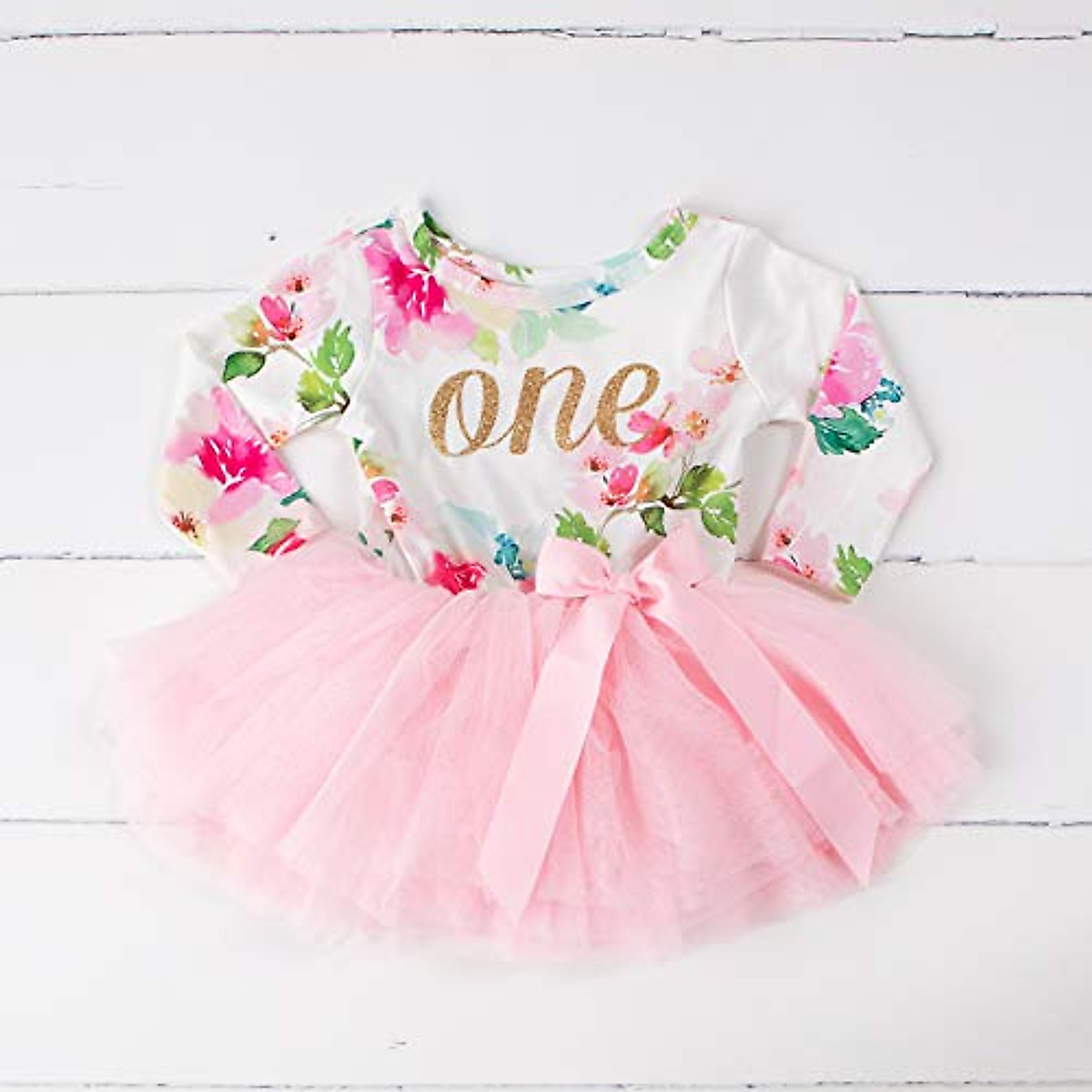 Grace and Lucille 1st Birthday Dress - White Floral Long Sleeve Dress with Pink Tutu, Gold Script (6-12 Months)