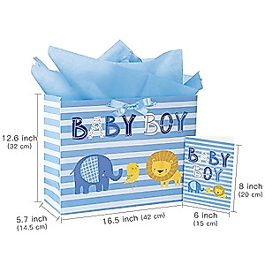 Loveinside Baby Boy Gift Bag with Tissue Paper and Greeting Card for Baby Shower, New Parents, and More - 16.5" x 12.6" x 5.7", 1 Pcs