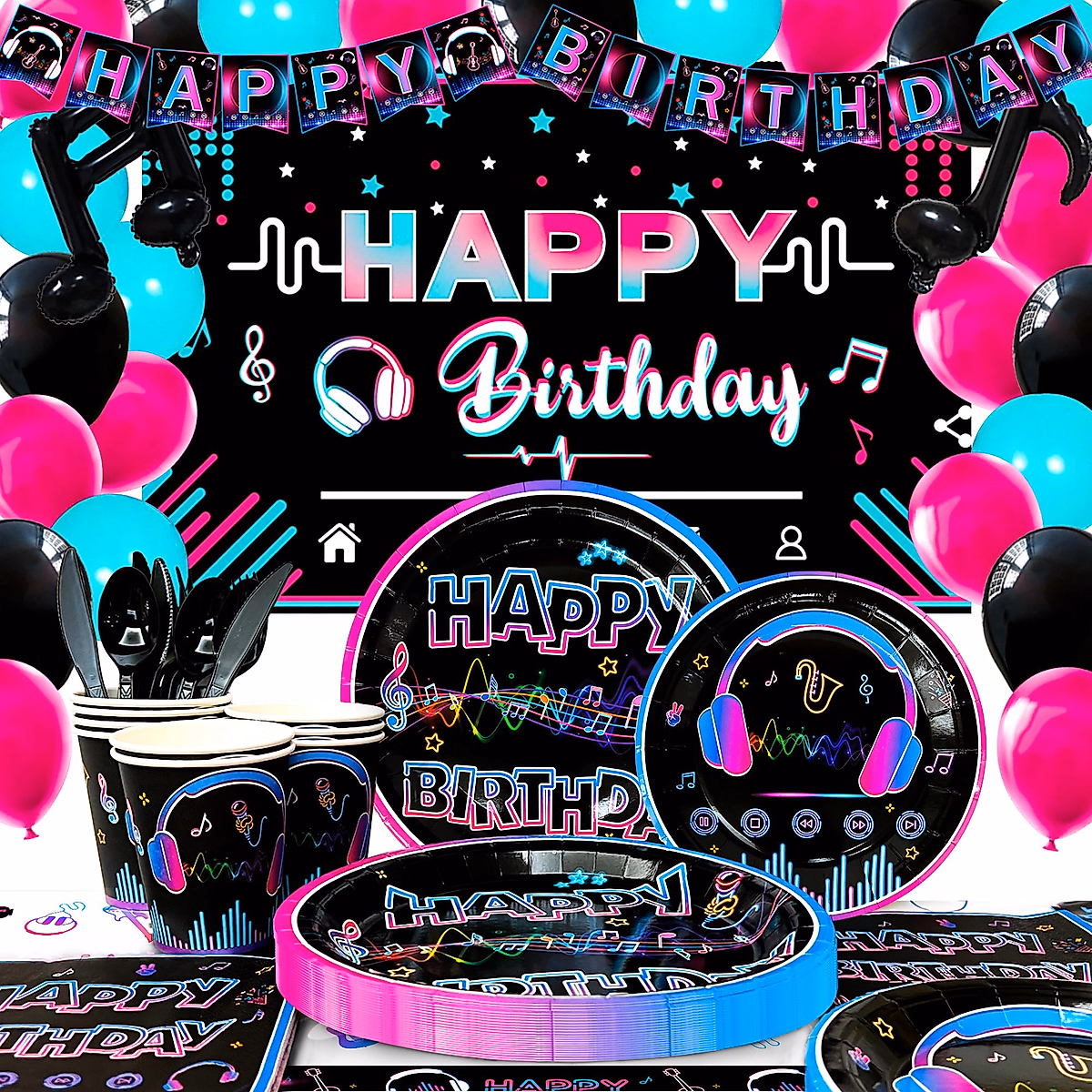 Music Party Supplies,155pcs Music Birthday Party Decorations & Music Tableware Set- Music Plates Cups and Napkins Tablecloth Balloons Backdrop etc...