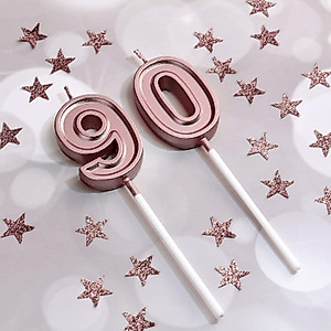 90th Birthday Cake Decorations Set Include 90th Birthday Candles Numeral 90 Cake Candles and Happy 90th Birthday Cake Toppers with Heart Star Cupcake Picks for Birthday Party (Rose Gold Series)
