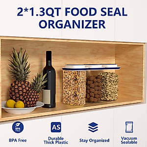 Bakpoco Airtight Food Storage Containers with Lid Vacuum Seal Storage Containers for Coffee Bean Cereal Snack, 2 Pack * 1.3 Qt Clear Leak-proof Kitchen and Pantry Organization Canisters