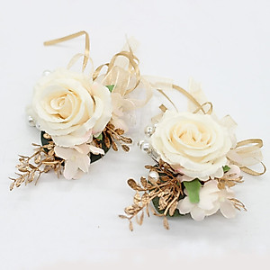 YOKOKE Corsage and Boutonniere Set, Handmade Artificial Peony Rose Wrist Corsage Wristlet and Groom Boutonniere for Men Wedding Prom Suit Decorations (Champagne Cream Gold)
