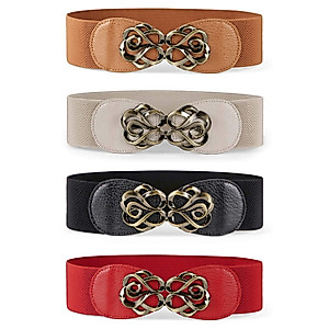 JASGOOD Women Stretchy Belts for Dresses Vintage Elastic Wide Waist Belts, Fit Waist Size 28"-35", A-Black+Brown+Beige+Red(4 PCS)