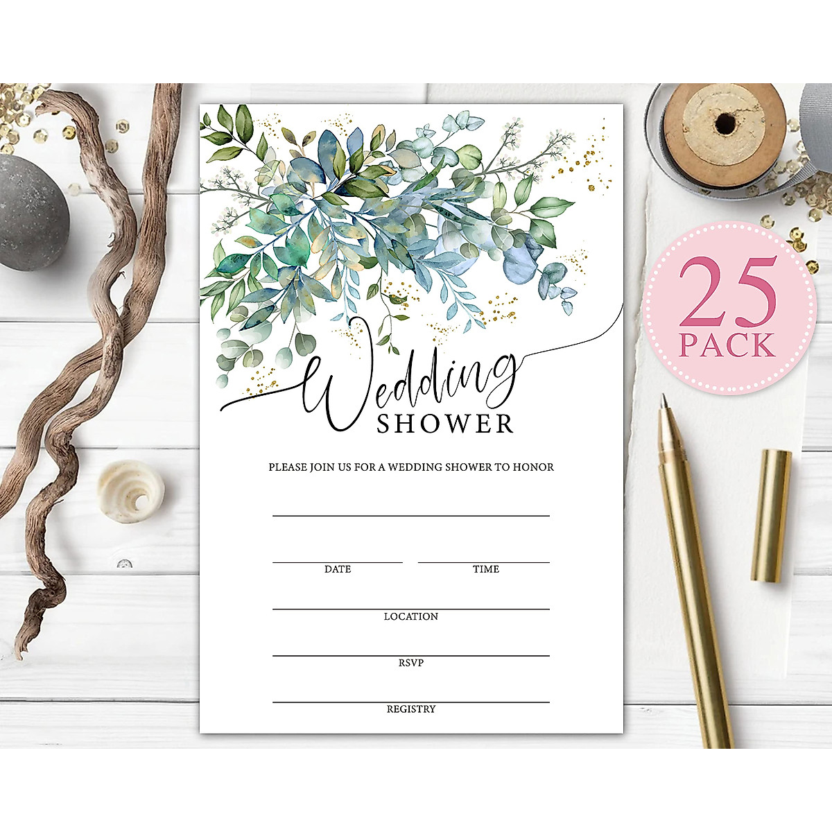 Greenery Wedding Shower Invitations, Floral Bridal Shower Invitations, Bridal Shower Invites for Engagement Party, Wedding, Bridal Shower, Set of 25 Invitations & 25 Envelopes (B02)