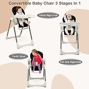 INFANS High Chair for Babies and Toddlers, Foldable Highchair with 7 Different Heights 4 Reclining Backrest Seat 3 Setting Footrest, Removable Tray Built-in Rear Wheels with Locks (Black)