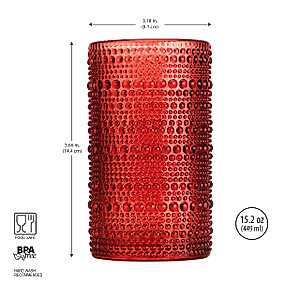 Glaver's Hobnail Drinking Glasses Set of 4 Red Vintage Glassware. 15 Oz. Everyday and Holiday Dinner Beaded Drinking Glasses for Water, Juice, Cocktail.