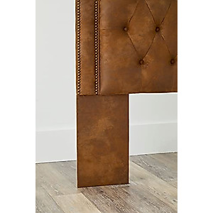 Design 59 D59 Distressed Vegan Leather Upholstered Tufted Button Queen Headboard with Brass Nailheads Queen/Full Size Headboard – Adjustable Height (Chestnut Vegan Leather)