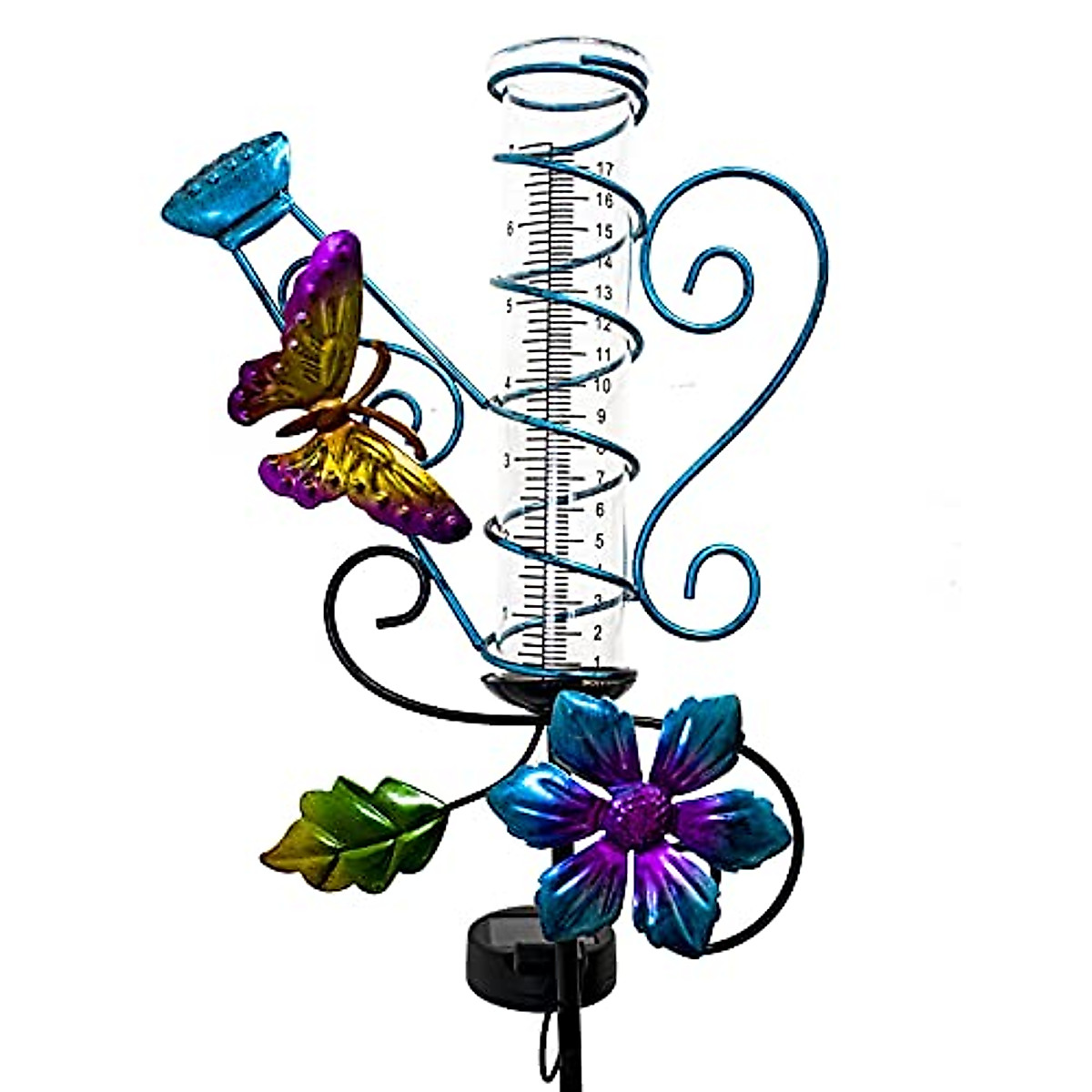 HOBYLUBY 37‘’ Butterfly Rain Gauges with Solar Lights for Outdoor Decorations, Garden, Yard, Lawn, Patio, Backyard Décor