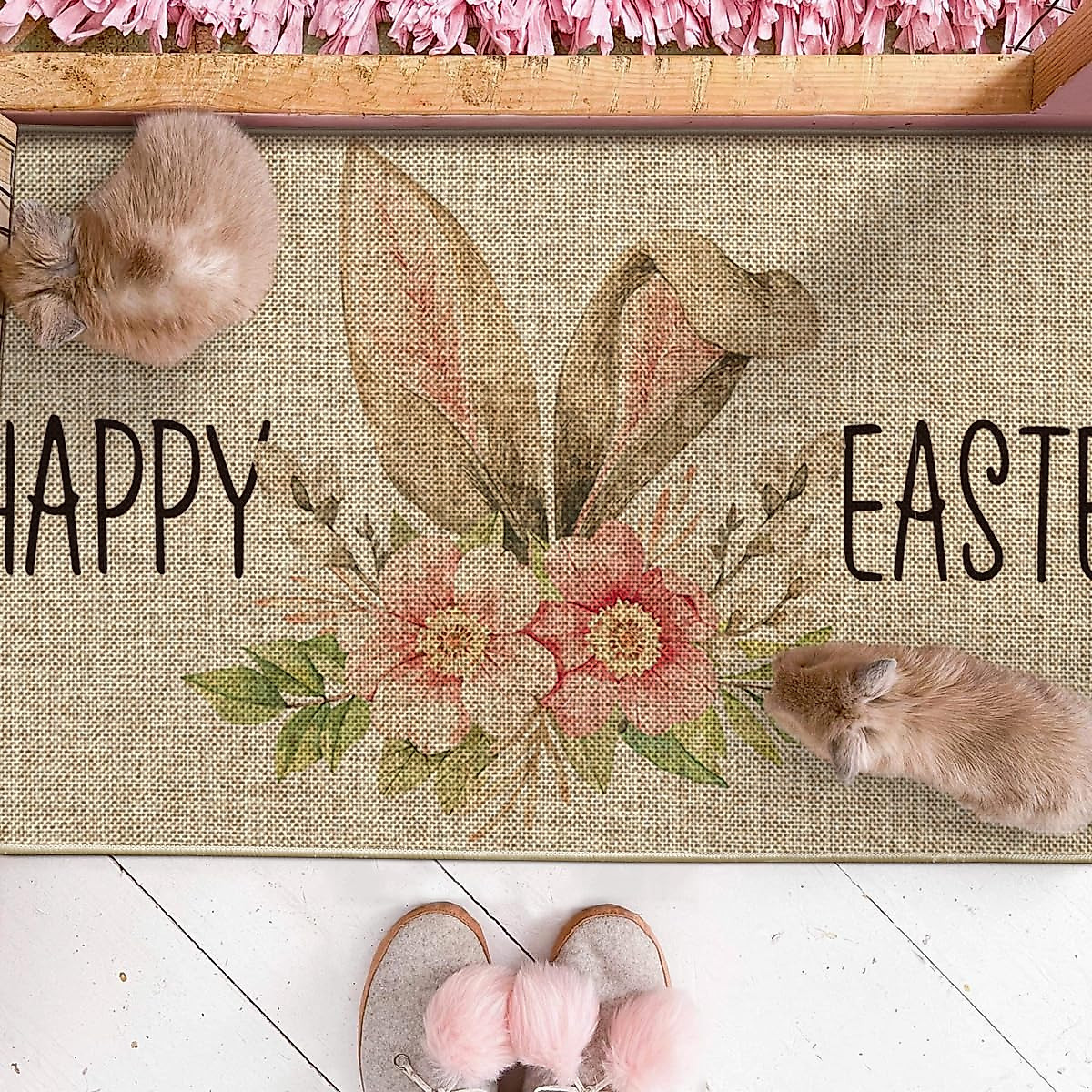 Artoid Mode Elegant Welcome Cute Bunny Ears Easter Doormat, Seasonal Spring Summer Holiday Low-Profile Yard Floor Switch Mat for Indoor Outdoor 17 x 29 Inch