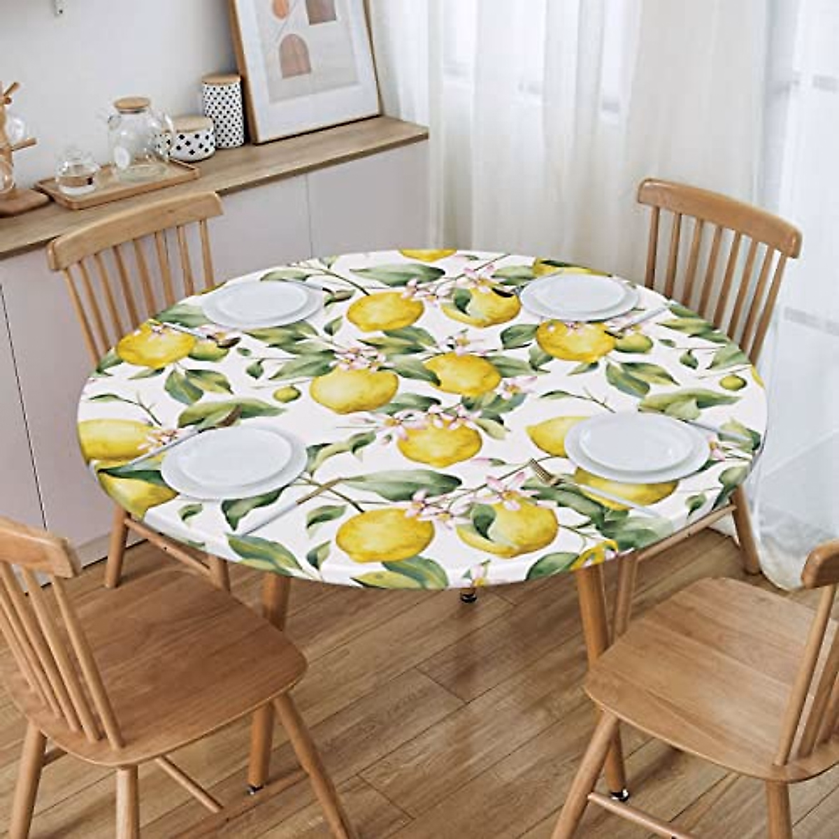 Lemon Round Fitted Table Cover Washable Reusable Elastic Edge Table Cloth for Patio Indoor Outdoor Kitchen Party Use