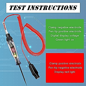 Hawyet 1 PC 6V/12V/24V Auto Bidirectional Voltage Tester, Car Test Light Digital LED Circuit Tester with Extended Spring Wire, DC Inductive Test Pen (Red #Clip)