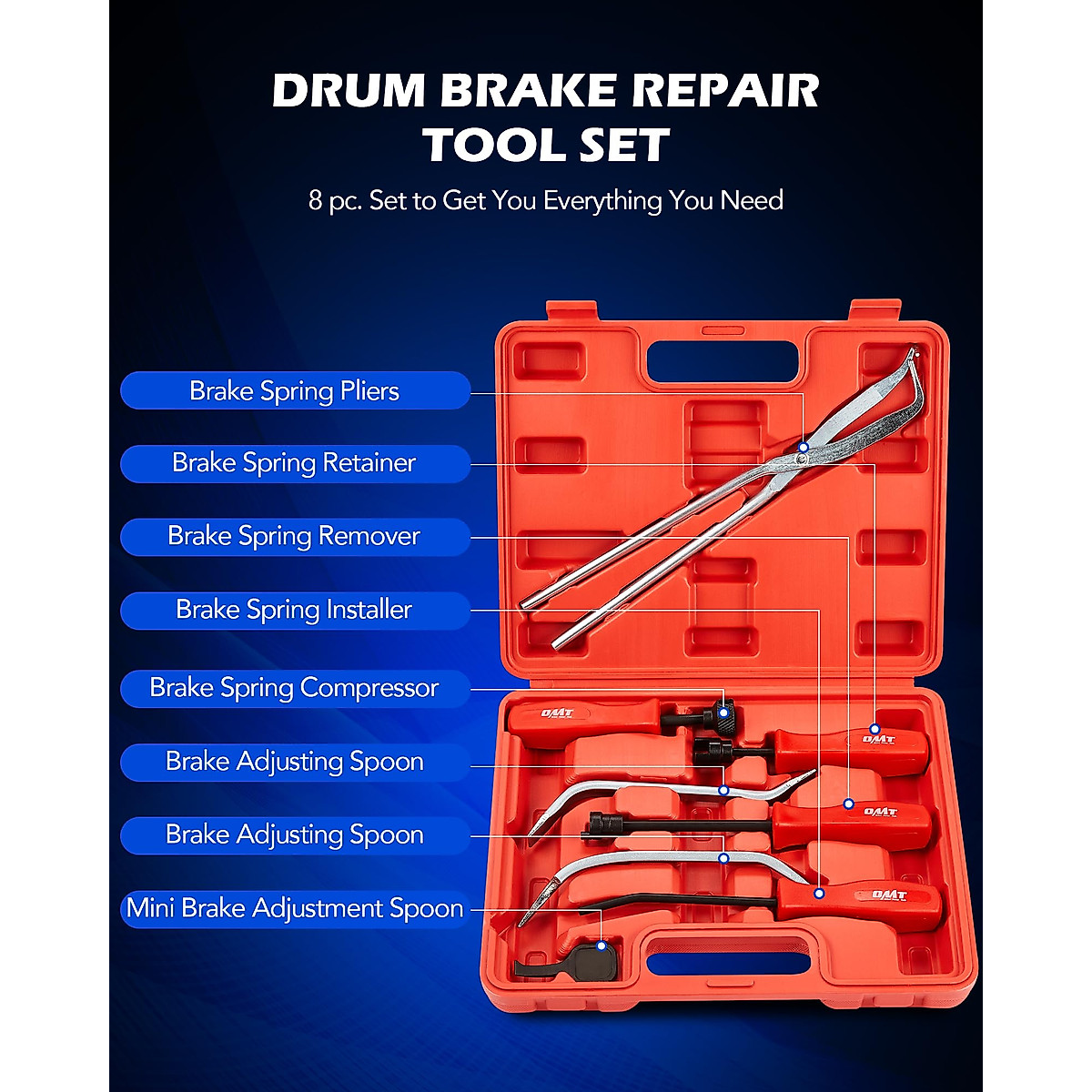Orion Motor Tech 8pc Drum Brake Tool Kit, Drum Brake Tool with Drum Brake Spring Tool, Brake Spring Compressor, Brake Spring Pliers, Drum Brake Adjusting Tool, Brake Spoon Set, Brake Drum Tool Kit
