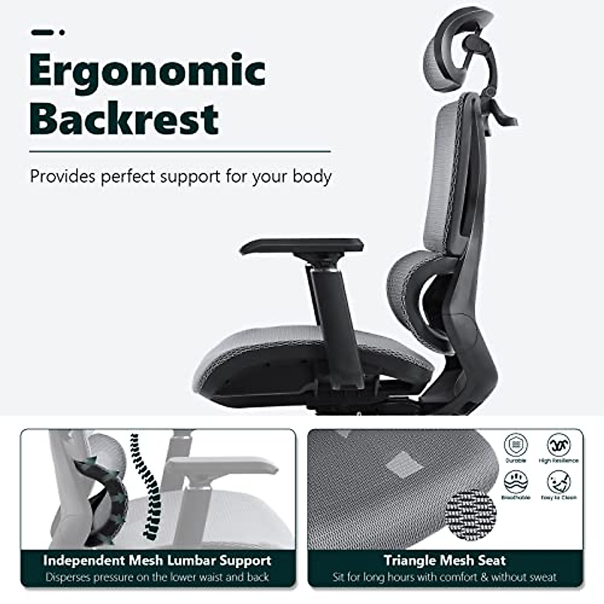 Memobarco Office Chair, Ergonomic Office Chair with Lumbar Support, Adjustable Seat Depth, Headrest, Armrests, Tilt Function, Mesh Executive Office Chairs for Home, Meeting, Conference, Hotel, Gray