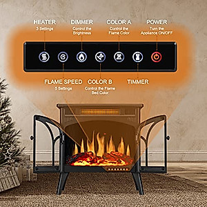 Electric Fireplace Stove Heater, Freestanding Electric Fireplace, Fireplace Heater with 3D Logs and Realistic Flame,Adjustable Brightness and Color, 5100btu Max 1500w,Black