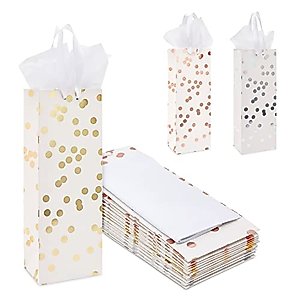 12-Pack Wine Gift Bags with Ribbon Handles and Tissue Paper for Wine Bottles, Liquor, Champagne, Sparkling Cider, Elegant Polka Dot Foil Designs (3 Colors, 13.8x5x4 in)