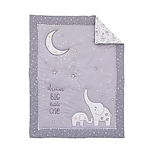 Little Love by NoJo Dream Big Little Elephant Grey, White and Gold 3 Piece Mini Crib Bedding Set - Comforter with Two Fitted Mini Crib Sheets