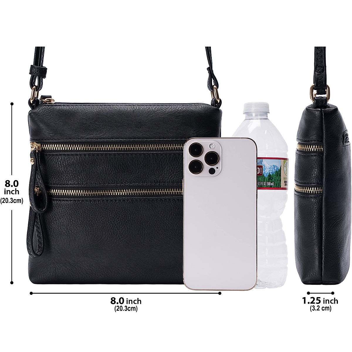 Solene Crossbody Bag Functional Multi Pocket Double Zipper Purse with Adjustable Strap-WU085(Black)