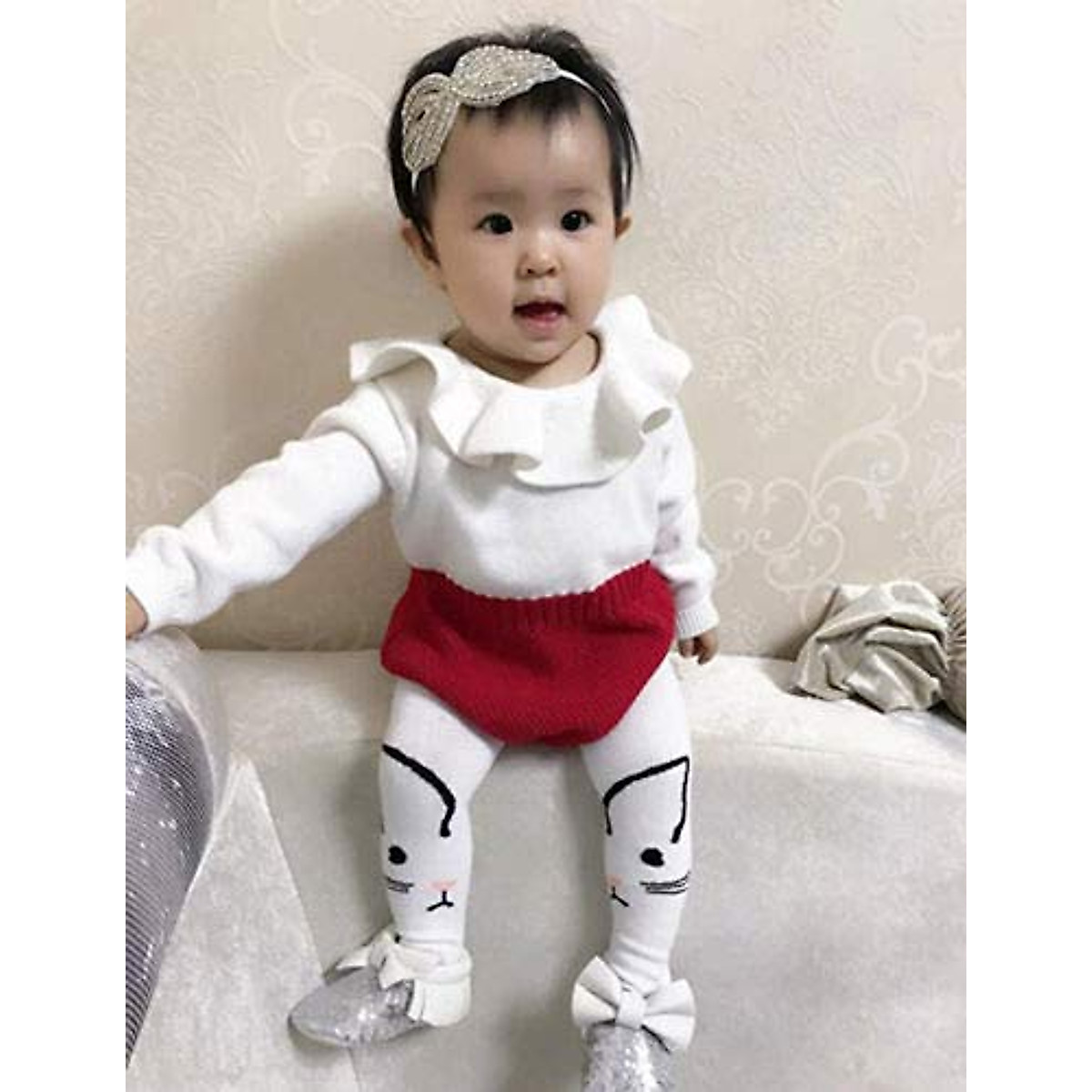 Urkutoba Baby Girls Romper Knitted Ruffle Long Sleeve Jumpsuit Baby Kids Girl Romper Autumn Winter Casual Clothing (0-6 Months, Red)