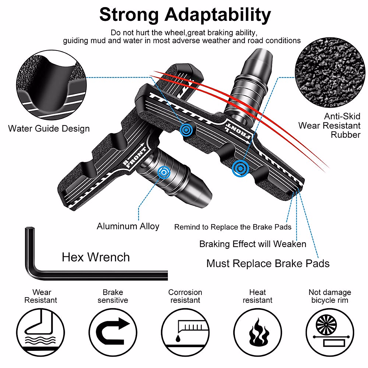 Bike Brakes Pads Set, Brakes Kit, Road Mountain Cycle Bicycle Rubber Universal V-Brake Blocks Shoes with Hex Nut Tools and Shims, No Noise No Skid, 70mm, Fits Most Bikes MTB City Folding Bike Pads