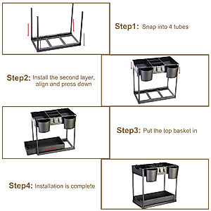 Under Sink Organizers and Storage - 2 Tier Sliding Bathroom Organizer Kitchen Cabinet Basket Storage Shelf with 4 Hooks and 2 Hanging Cups for Home Storage