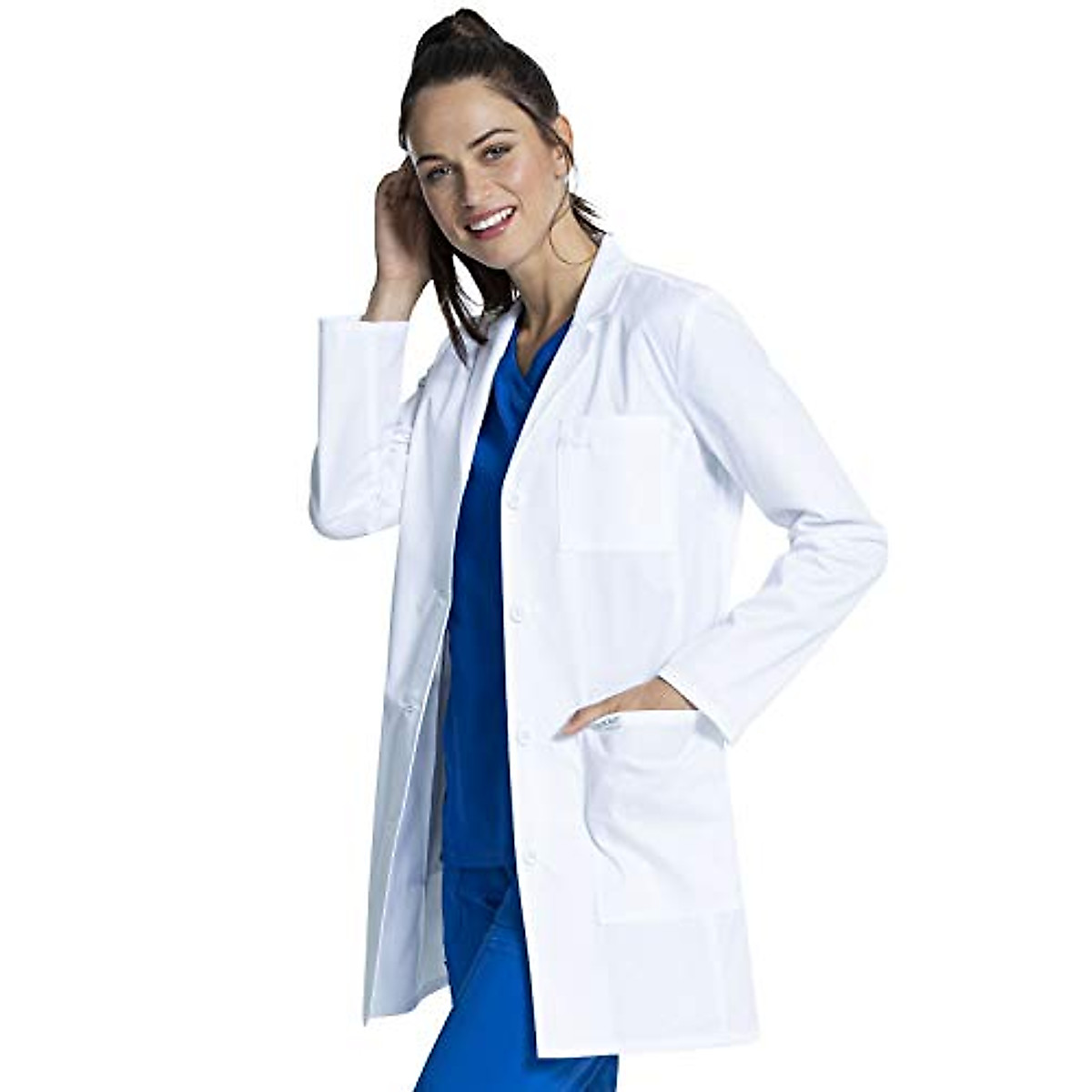 Cherokee White Lab Coat for Women with Notched Lapels with Button Closure and 3 Pockets CK452, M, White