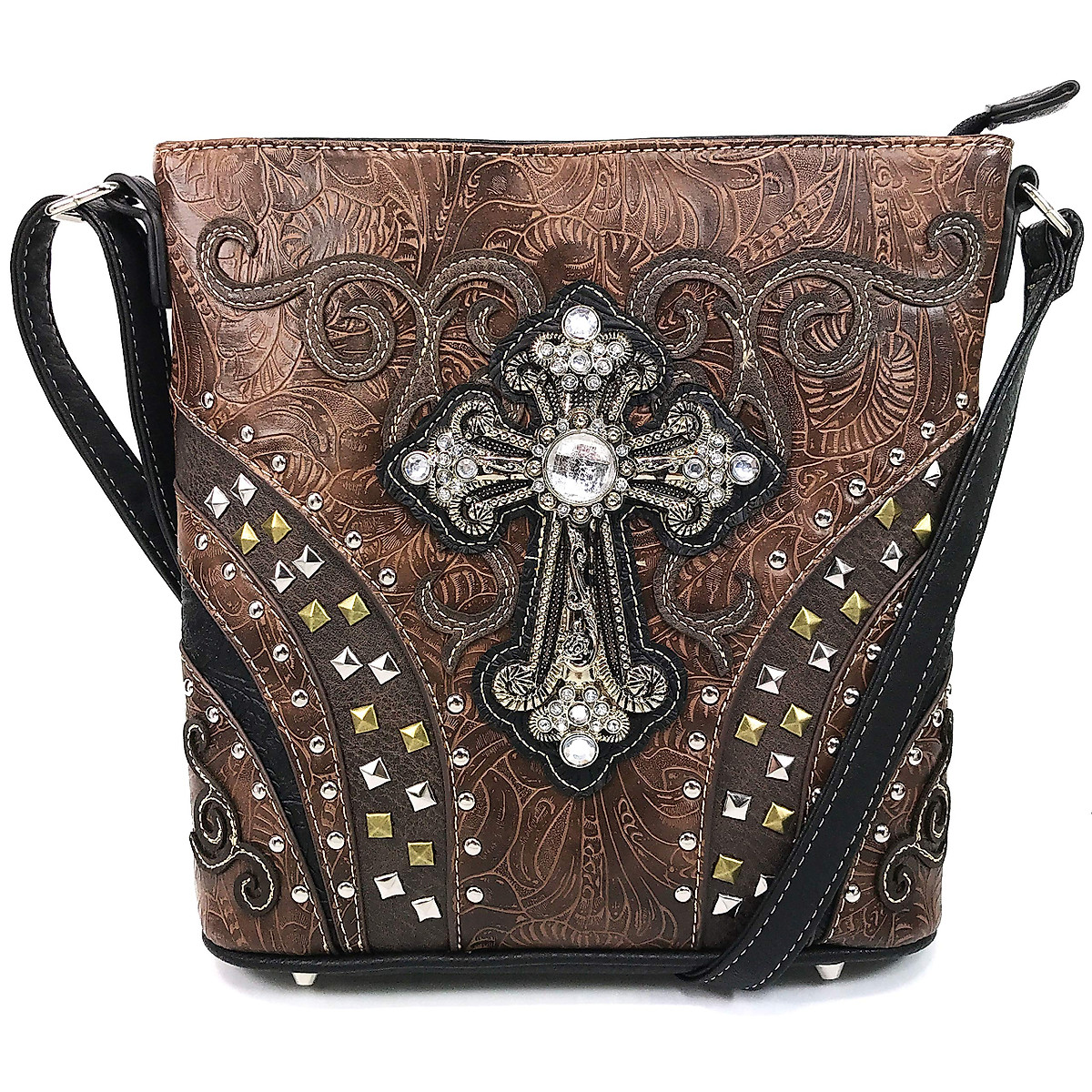 Justin West Clydesdale Tooled Leather Metal Stud Cross Conceal Carry Women Handbag Purse (Brown Messenger Only)