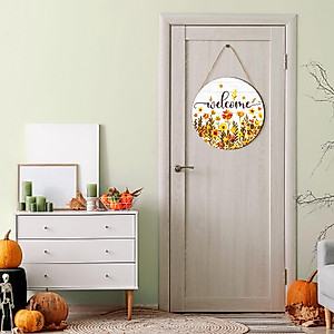 Thanksgiving Floral Door Sign Decor Hello Fall Front Door Sign Thanksgiving Floral Welcome Hanging Plaque Rustic Autumn Round Hanging Sign for Outdoor Porch Home Decoration