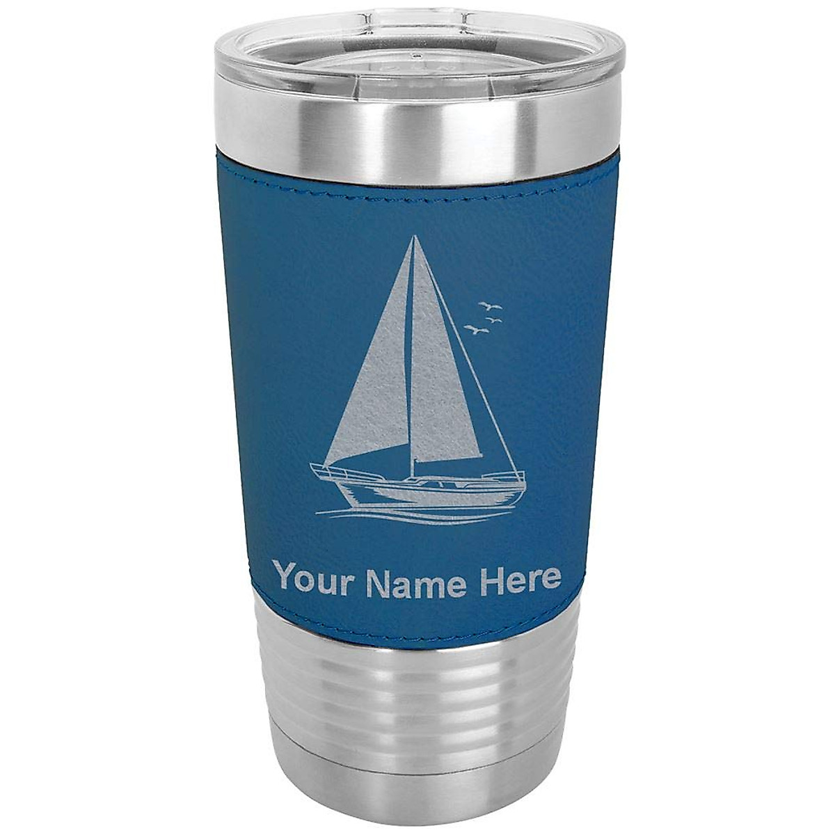 LaserGram 20oz Vacuum Insulated Tumbler Mug, Sailboat, Personalized Engraving Included (Faux Leather, Blue)