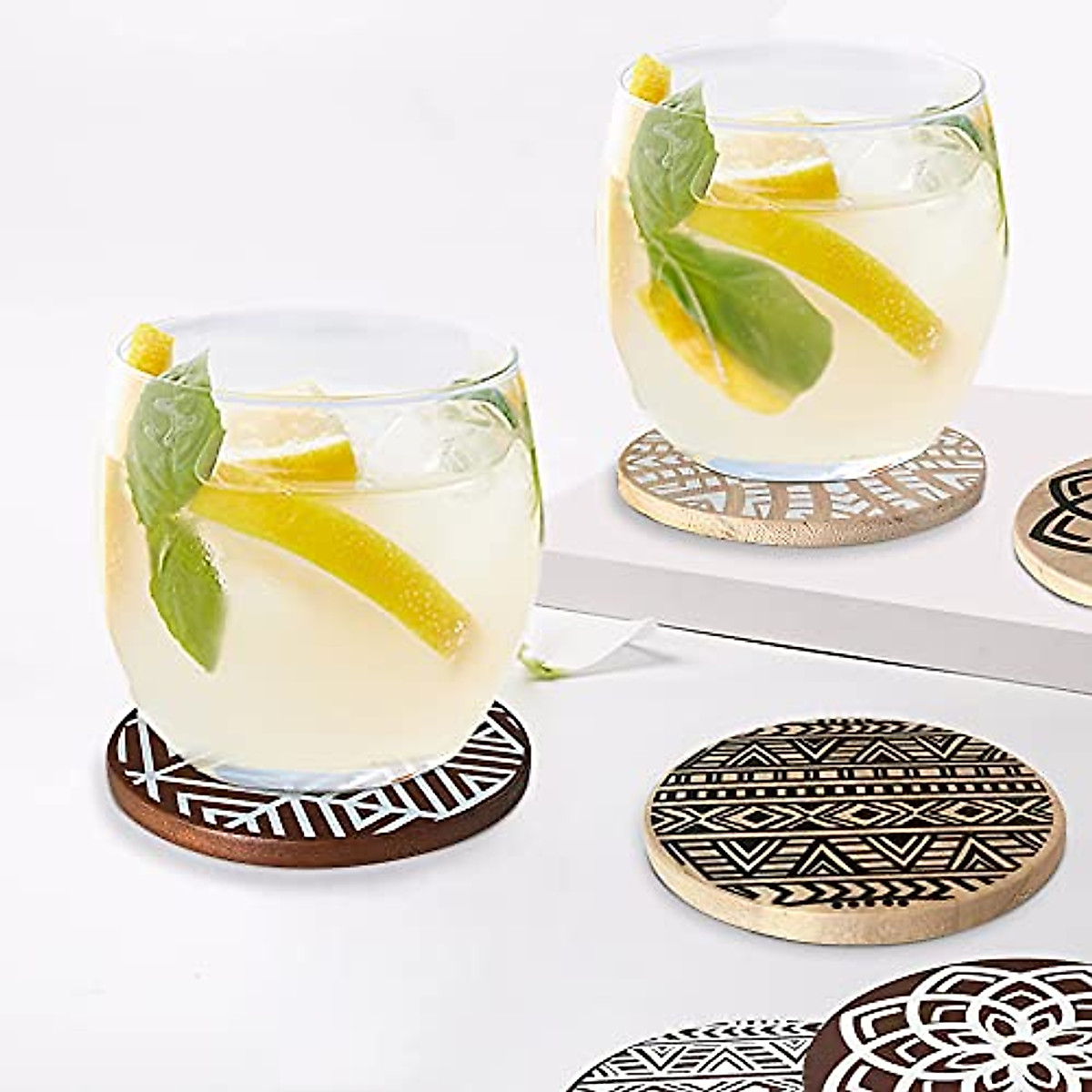 Wooden Drink Coasters, Wood Coasters Set with Holder, Absorbent Coaster Sets of 6, Coaster with Holder for Tabletop Protection, Suitable for Kinds of Cups