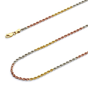 14k REAL Tri Color Gold SOLID 1.5mm Rope Diamond Cut Chain Necklace with Lobster Claw Clasp - 22"