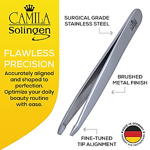 Camila Solingen CS25 4" Professional Surgical Grade Stainless Steel Precision Tip Eyebrow Tweezers for Facial Hair Shaping & Removal. Beauty Tool for Men/Women. Made in Solingen Germany (Slanted)