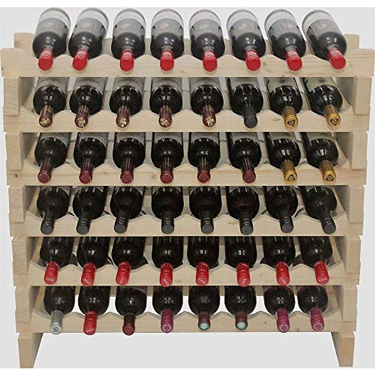 DisplayGifts Freestanding Stackable Storage Stand Display Shelves Wine Rack Wobble-Free 48 Bottle Capacity 8 X Rows, Pine Wood (Natural Pine, Unfinished)
