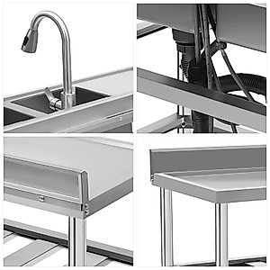 Free Standing Commercial Kitchen Sink 2 Compartment Stainless Steel Prep & Utility Sink 201 Stainless Steel Freestanding Kitchen Sink for Restaurant, Kitchen, Outdoor (Dual Bowl Style w/Baffle)