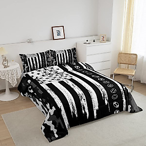 Feelyou Black Camo Comforter Set Camouflage Bedding Set Military Style Comforter Baseball Football Quilted Duvet Set for Kids Boys Girls Adults Twin Size with 1 Pillow Case