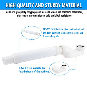 Cinsda Bathtub Shower Drain Pipe, Low Profile Flat 1 1/2 P Trap Kit Flexible Freestanding Tub Drain for Bath