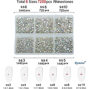 Bymitel 7200 Pieces 6 Mixed Sizes Glue Fix on Glass Rhinestones Round Crystal Gems Flatback for DIY Jewelry Making with one Picking Pen (6-Sizes 7200PCS, Crystal AB)