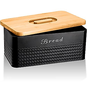 Bekith Metal Bread Box with Bamboo Lid, Modern Bread Storage Container Holder, Space-Saving Bread Keeper Bin for Kitchen Counter, Kitchen Decor Organizer, 13"x7"x5.25", Black