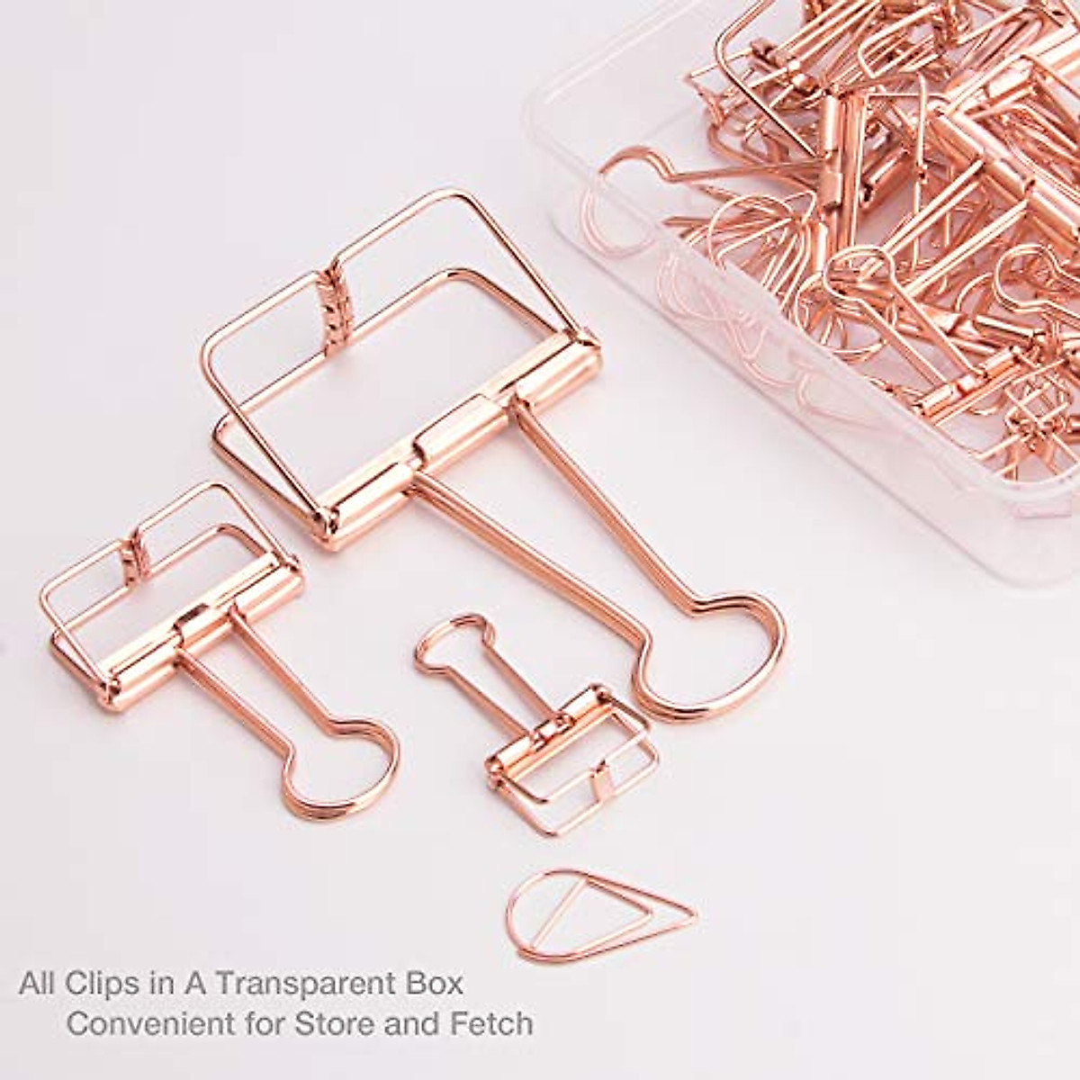 Rose Gold Wire Binder Clips and Cute Paper Clips Set Assorted Sizes, 2 Large 6 Medium 10 Small Smooth Stainless Hollow Office Clamp Clips
