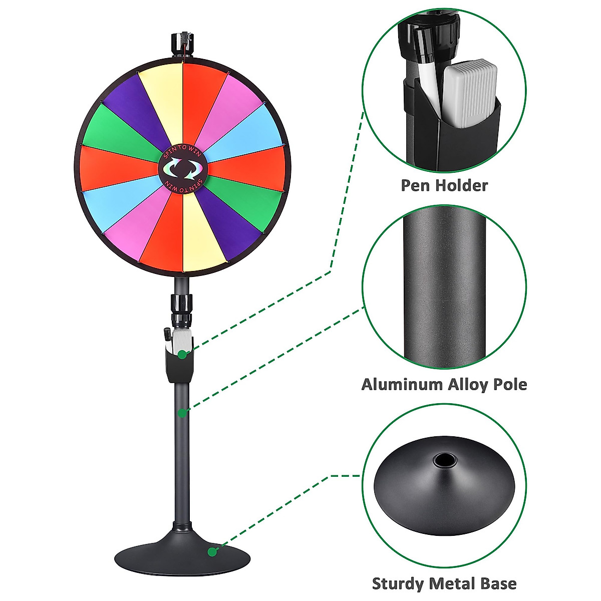 WinSpin 24 Inch Heavy Duty Prize Wheel Dual Use Adjustable Tabletop and Floor Stand Fortune Wheel with Dry Erase Marker & Eraser 14 Slots Spinning Wheel for Carnival Spinner Game and Tradeshow