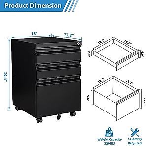 LISSIMO 3 Drawer Mobile File Cabinet with Lock,Under Desk Storage Cabinet for Home Office, Vertical Filing Cabinet Fits A4 or Letter Size (Unassembled, Black)