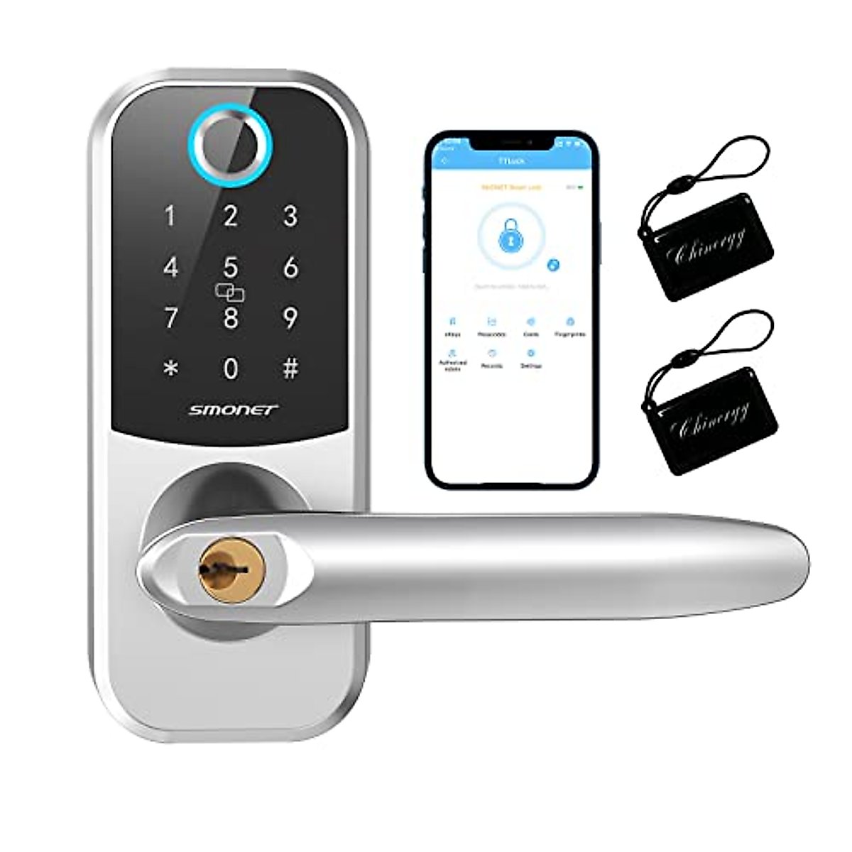 Smart Lock, SMONET Deadbolt Lock with Keypad, Keyless Entry Biometric Fingerprint Front Door Locks, Bluetooth Electronic Digital Lock with Reversible Handle, App Control, IC Card for Home, Apartment