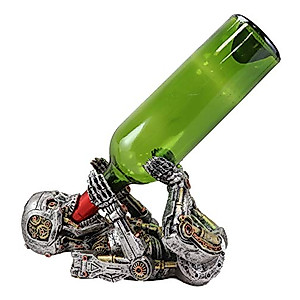 Ebros Steampunk Industrial Victorian Sci Fi Cyborg Robotic Terminator Skeleton Wine Bottle Holder Figurine with Painted Gearwork Clockwork and Mechanical Parts Party Hosting Skeletons Skulls Decor